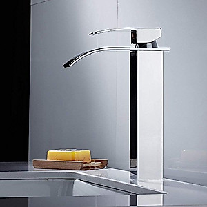 Bathroom Vessel Faucet Tall Waterfall Faucet with Wide Single Handle, Vessel Sink Bathroom Faucet with Large Rectangular Spout and Supply Hoses (Chrome)
