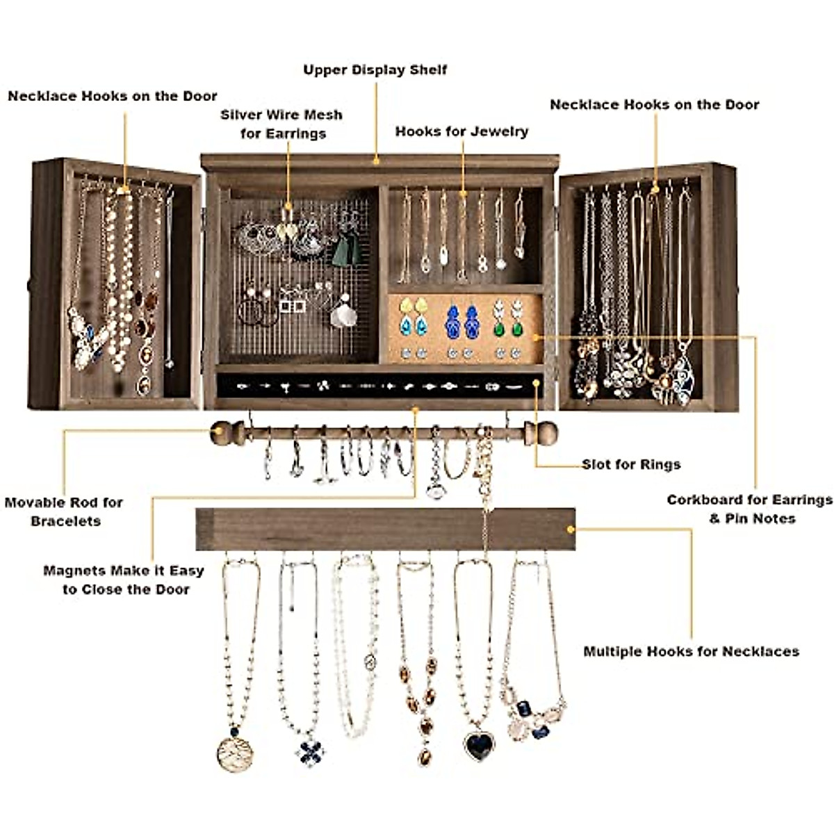 FANTASK Rustic Wall Mounted Jewelry Organizer Cabinet, Wooden Hanging Jewelry Holder Box w/Barndoor, Removable Bracelets Rod, Hooks Shelf, Removable Bracelet Rod & Hook Organizer for Hanging Jewelry
