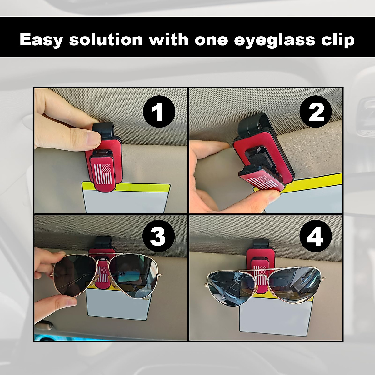 Sunglass Clip for car Visor, Multi-Function Ticket Card Clip, Automotive US Flag Car Accessories Ticket Card Glasses Clip for Car SUV Truck (Black/Red)