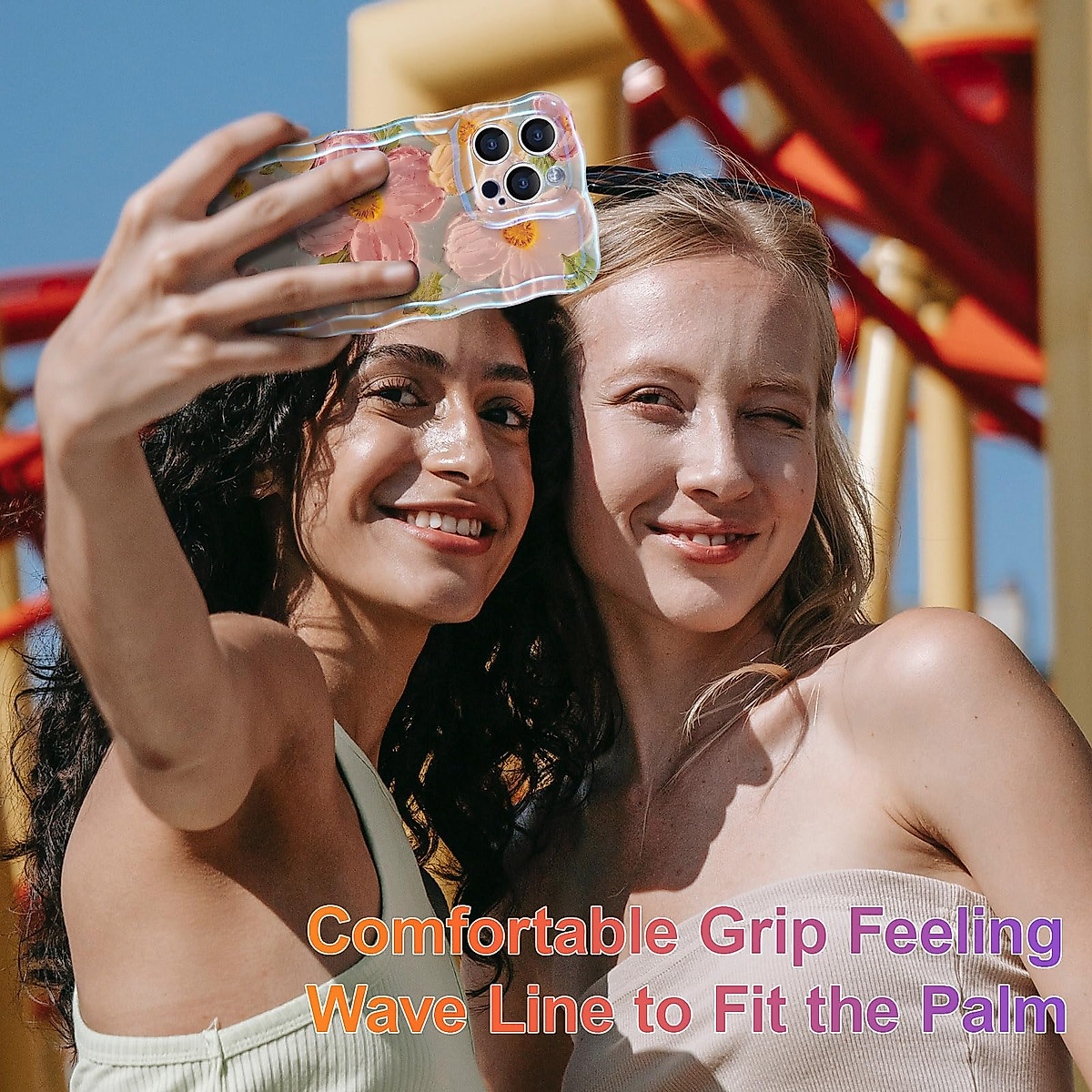 EYZUTAK Case for iPhone 14 Pro Max, Colorful Retro Oil Painting Printed Flower Laser Glossy Pattern Cute Curly Wave Edge Exquisite Stylish Durable TPU Protective Phone Cover for Girls Women-Green