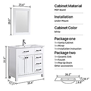 wonline 36" Bathroom Vanity and Sink Combo Cabinet Undermount Ceramic Vessel Sink Chrome Faucet Drain with Mirror Vanities Set