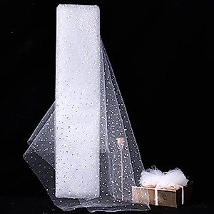 HAVII 54" x 10 Yards White Glitter Tulle Fabric Rolls Bolt Sequin Tulle Ribbon Netting Fabric for Tutu Skirts Dress Sewing DIY Crafts Birthday Wedding Party Decoration