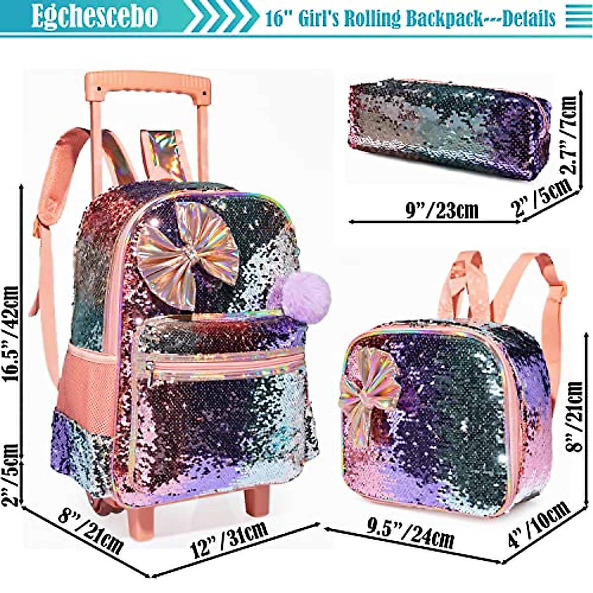 kids Rolling Kid Travel Toddler Duffle Bag Bow Tie Backpack for Girls Carry on Luggage Roller Computer Suitcase with Pencil Case and Lunch Box Wheels Wheeled Sequins Backpacks Girls Gradient Champagne