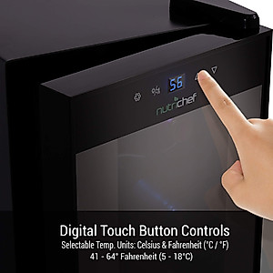 NutriChef PKCWC120 White & Red Cooler-Freestanding Countertop Compact Mini Wine Fridge Chiller 12 Bottle Capacity, Digital Control, Glass Door, Black