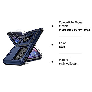 Motorola Moto Edge 2022 Case Built in Slide Camera Cover and Screen Protector [Not for Edge Plus],Heavy Duty Shockproof Full Body Phone Cover,Built in Finger Ring Stable Holder Kickstand,2022 Blue