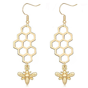 MANZHEN Natural Gold Silver Honeycomb Bee Dangle Earrings (gold)