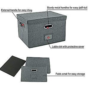 JSungo File Box with 5 Hanging Filing Folders, Document Organizer Storage for Office, Collapsible Linen Storage Box with Lids, Home Portable Storage with Handle, Letter Size Legal Folder, Dark Gray