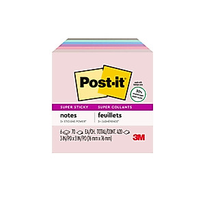 Post-it Super Sticky Recycled Notes, 5 Pastel Colors, Sticks and Resticks, 3 in x 3 in