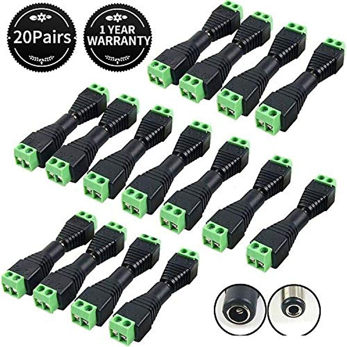 TJMD DC Power Connector 20 Pairs CCTV Power connectors 12V Male+Female 2.1x5.5MM DC Power Jack Plug Adapter Connector for CCTV Camera and LED Strip Light