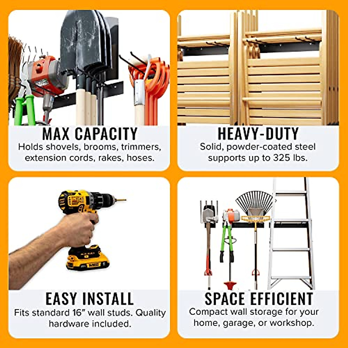 WIDEWHEEL Tool storage rack, garage wall mounted (with 6 hooks), heavy garden tool rack, can withstand 350 pounds, and can place brooms, mops, shovels, trimmers, water pipes, chairs, and More