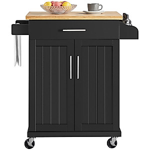 Topeakmart Kitchen Island On Wheels with Storage Cabinet and Drawer, Kitchen Trolley Cart with Spice Rack and Towel Bar for Dining Room, 26x18x36 Inches, Black