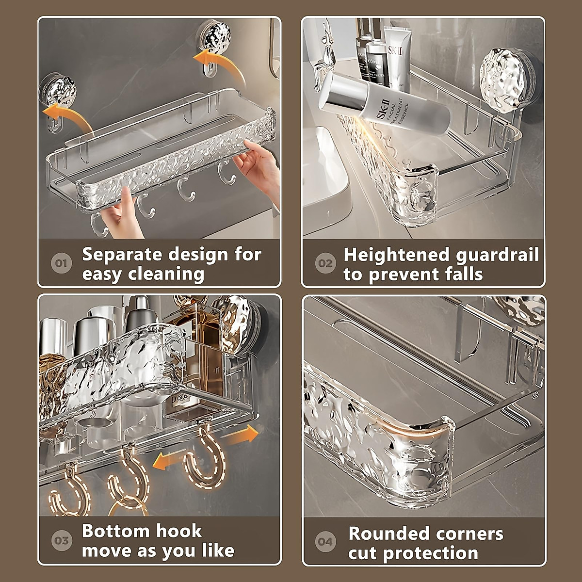 Shower Caddy Storage Rack without Drilling, Clear Shower Shelf with Suction cup, Wall Mounted Shower Rack, Shower Organizer - light luxury style glacier pattern Storage Caddy - Bathroom, Kitchen, room