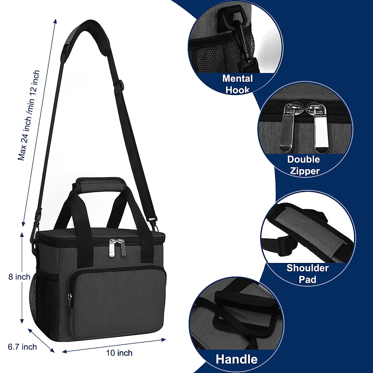 Deosk Lunch Box for Men/Women,Insulated Lunch Bag Cooler Bag,Leak-Proof Large Beach Cooler Adult Lunch Box for Work/Picnic/Travel(M-charcoal)