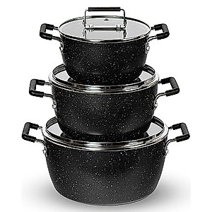 Granitestone 6 Pc Stackable Pot Set, Nesting Non Stick Pots with Lids, Cooking Pots Set, Stock Pot Set with 1.5/3 / 5 Qt Pots with Lids, Induction Cookware, Dishwasher Safe, Non Toxic - Black