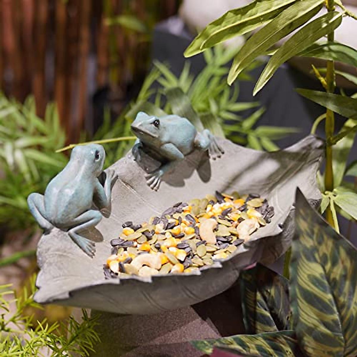 Bird-Feeder Wild Bird-Bath Bowl Outdoors - Garden Decor Polyresin Frogs on Leaf Bird Bath for Yard 12 x 7.25 x 3.5 inch-Newman House Studio