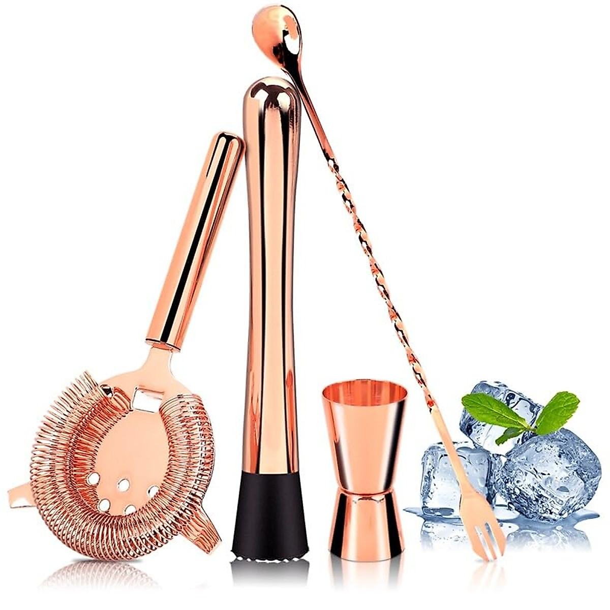 Cocktail Tools, JUSTDOLIFE Stainless Rose Gold Mixing Spoon Double Jigger with Cocktail Ice Muddler and Cocktail Bar Strainer for Home Bar Cocktail Drinks