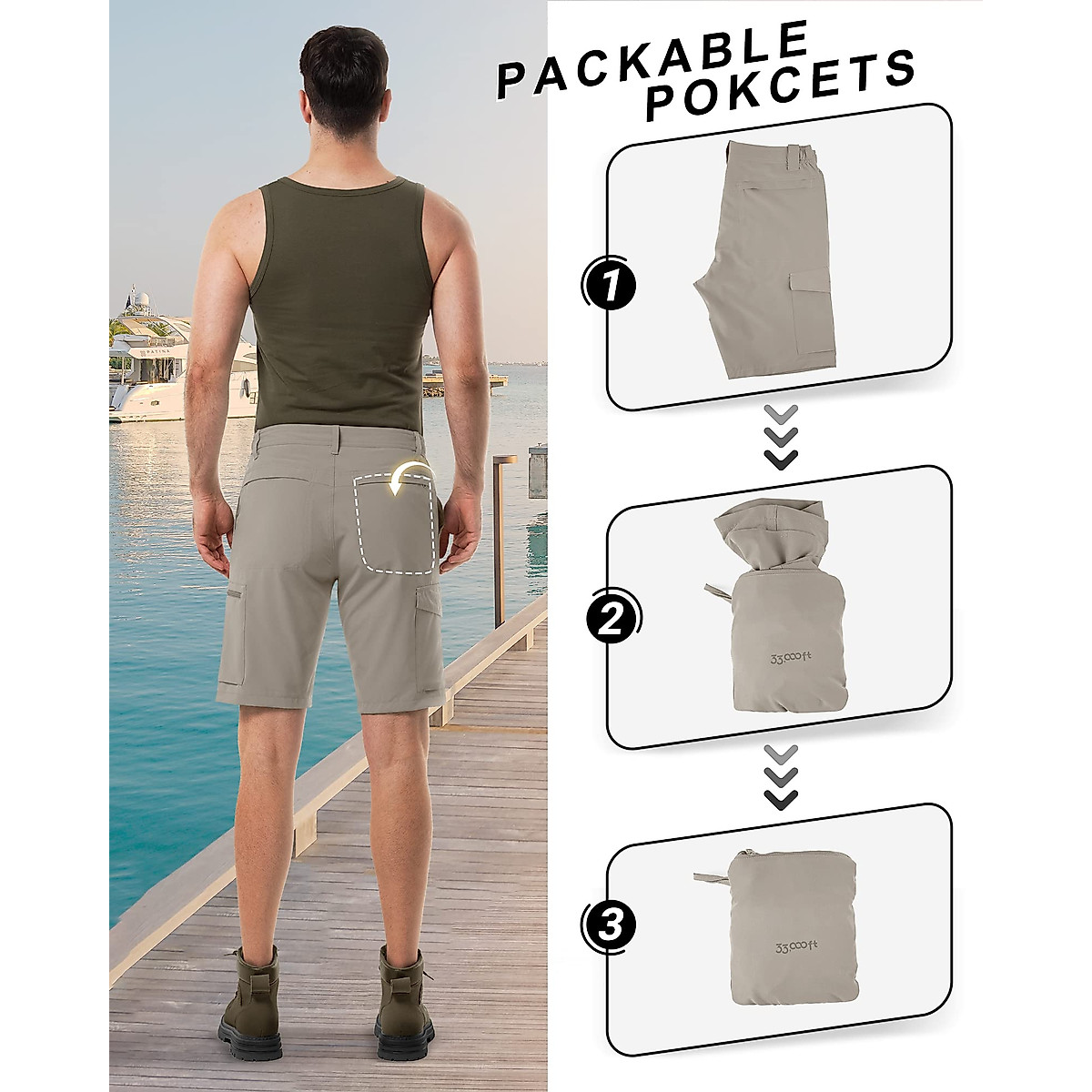 33,000ft Men's Golf Shorts 10" Inseam with Zipper Pocket Lightweight Quick Dry Stretch Hiking Cargo Shorts for Travel Fishing Fossil