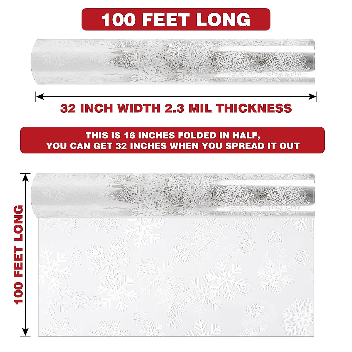 Kolewo4ever 100 Ft X 32 in Christmas Cellophane Wrap Roll Snowflake Clear Wrapping Paper Cellophane Bags Thick Snowflake Wrap Cellophane for Christmas Gift Wrapping (Christmas Snowflake)