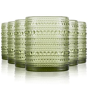 Wongblee Hobnail Drinking Glasses Set of 6, Vintage Colored Glassware 11oz, Beverage Glass Cups for Water, Juice, Cocktail (Green)