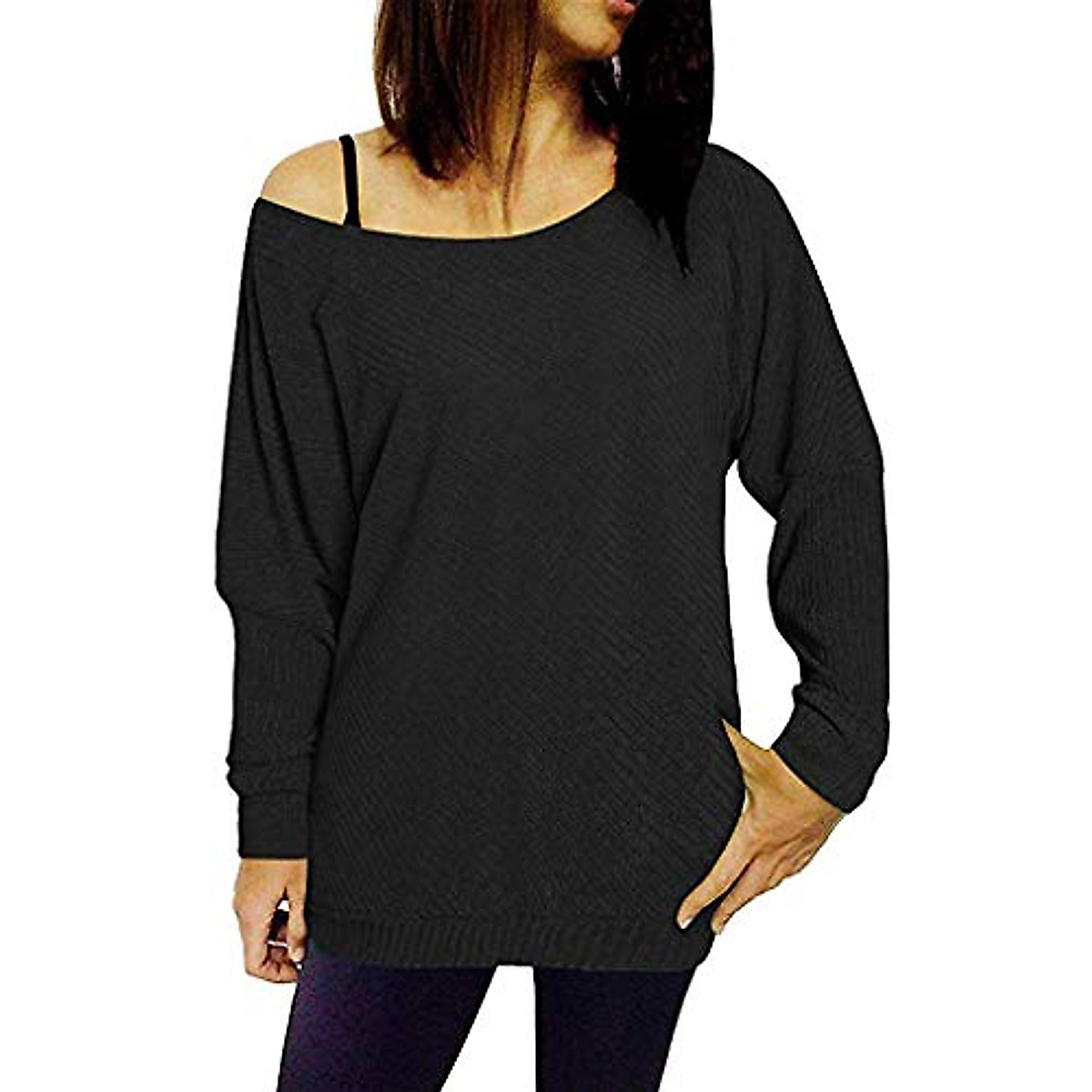 Blouse for Women THENLIAN Women Off Shoulder Sweatshirt Long Sleeve Pullover Casual Tunic Tops Blouse (Black, XL)