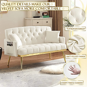 Antetek Upholstered Velvet Loveseat Sofa, Modern Small Sofa Couch with Side Pocket and Golden Metal Legs, Tufted Leisure Sofa for Living Room, Bedroom, Office, Small Space, Light Beige