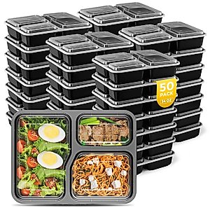 Meal Prep Containers Reusable【3 Compartment 34oz】50 Pack Food Prep Containers with Lids, Disposable To Go Containers, Plastic Food Storage Containers with Lids For Lunch/Deli/Takeout/Leftover