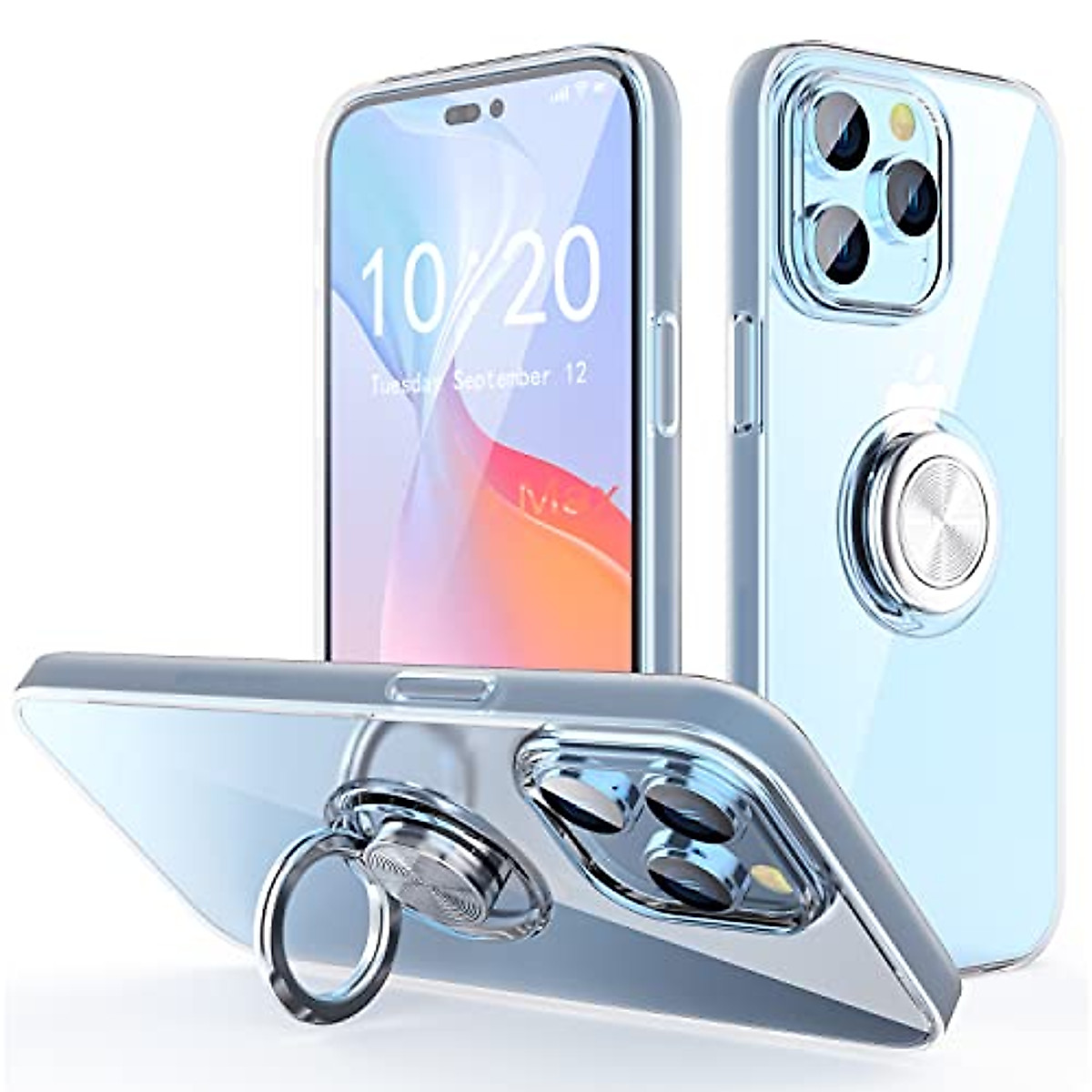 SQMCase Case for iPhone 14 Pro Max, Clear Body Soft TPU Shockproof Case with 360 Degree Rotation Ring Kickstand(Work with Magnetic Car Mount) for iPhone 14 Pro Max 6.7 inch, Clear