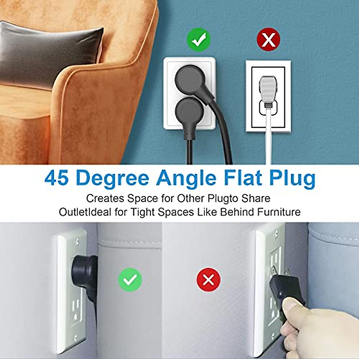 Surge Protector Power Strip 6 ft Flat Plug Power Strip, Multiple Plug Outlet, Outlet with 8 Sockets 4 USBInterface, 1875W, 2700 Joules, Black，Desktop Power Strip