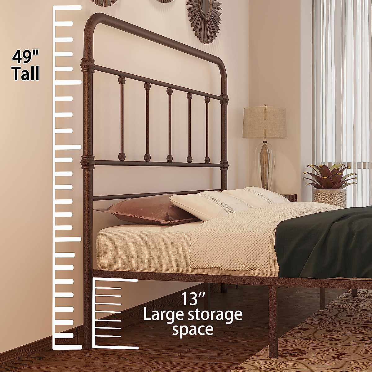 Geltanny Queen-Bed-Frame-Vintage-Farmhouse 49 inch Tall-headboard-Iron - Platform Mattress Foundation,No Box Spring Needed(Dark Bronze)