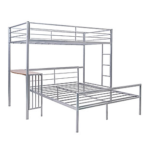 Harper & Bright Designs Twin Over Full Metal Bunk Bed with Desk, L Shaped Bunk Bed with Ladder and Quality Slats for Bedroom- Silver