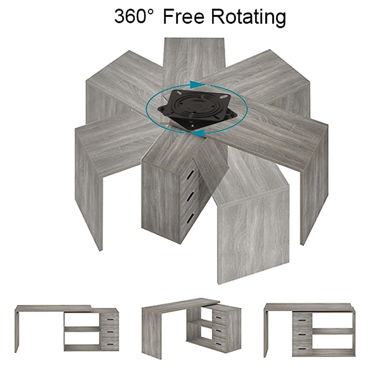 HSH 360° Rotating L Shaped Computer Desk with 3 Drawers and 2 Shelves, Home Office Swivel Desk for Work Writing Study Gaming, Reversible Wood Corner Desk with Storage Cabinet, Light Grey Oak, 55 Inch