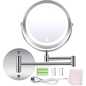 Wall Mounted Makeup Mirror, 1X 10X Magnification 360 Degree Rotation Double Sided Led Lighted Vanity Mirrors for Bathroom AC Adapter or Battery Operated
