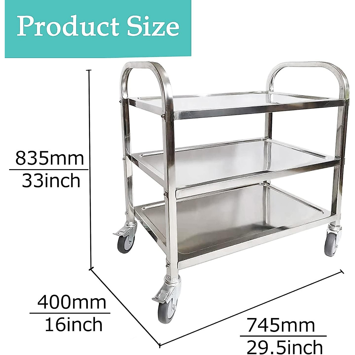 ITINA 3 Tier Stainless Steel Utility Cart with Locking Wheels L29.5× W16× H33inch 330Lbs Total Load Capacity Kitchen Island Trolley Catering Storage Cart for Kitchen Restaurant Hotel Cafe Home