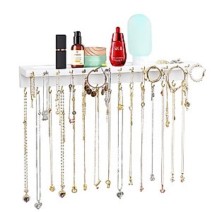 YYILIS Necklace Holder, Upgraded Extra Large Wall Necklace Organizer with 30 Hooks Wall Mounted Necklace Hanger with Jewelry Tray/Cosmetics Shelf Rustic Pine Wood Holder (White)