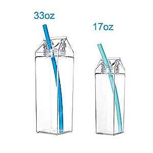 Heyworld 33 OZ Large Clear Milk Carton Water Bottle Creative Square Transparent Cup + Straw + Storage Bag