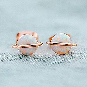 Pura Vida Rose Gold Opal Saturn Earrings - White Synthetic Stone, Sterling Silver Posts - 1 Pair