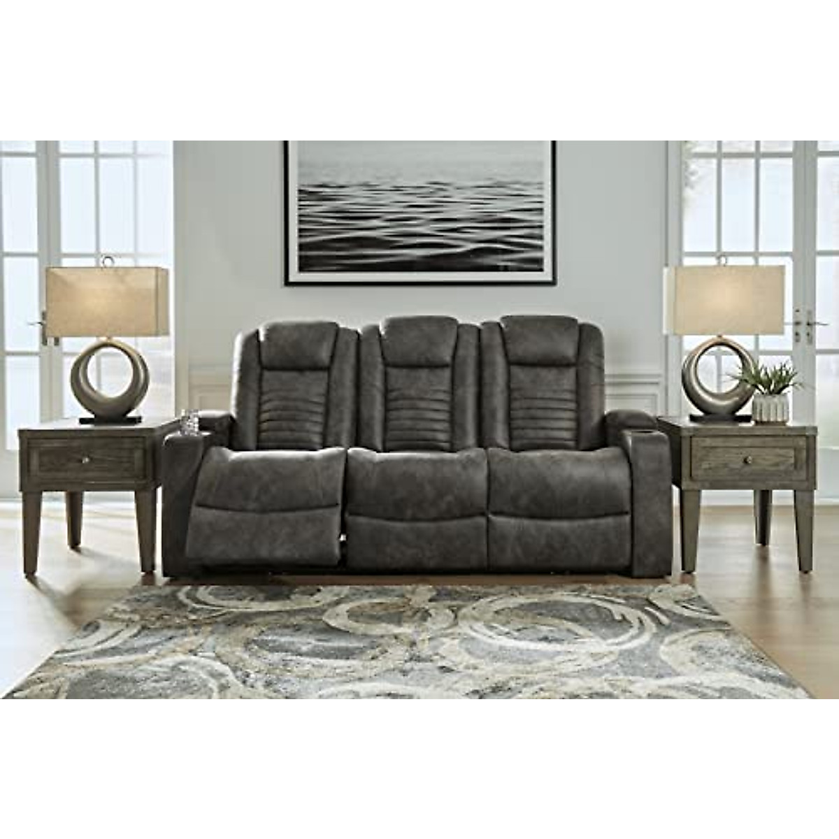 Signature Design by Ashley Soundcheck Contemporary Faux Leather Tufted Power Reclining Sofa with Adjustable Headrest, Gray