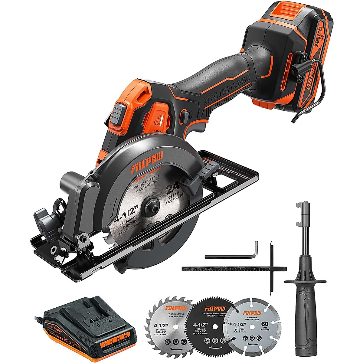 4-1/2 inch Cordless Circular Saw, 20V Mini Circular Saw Cordless 5500 RPM & 2.0Ah battery & Fast Charger, 3 Blades (24 TCT/80 HCS/60 DIAMOND) for Wood, Soft Metal and Tile - MC8 Pro