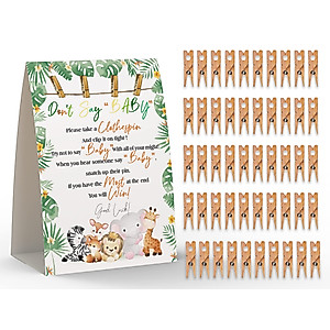 Don't Say Baby Sign, Baby Shower Clothespin Game, Includes a 5x7 Standing Sign and 50 Mini Natural Clothespins - Toctose046