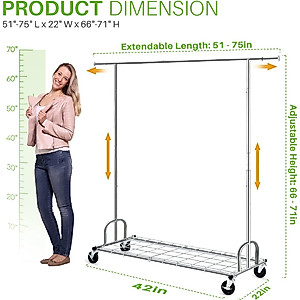 HOKEEPER Clothing Garment Rack with Shelves Capacity 450 lbs Clothing Racks on Wheels Rolling Clothes Rack for Hanging Clothes Heavy Duty Portable Collapsible Commercial Garment Rack Chrome