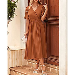 BTFBM Women Casual Dresses 2023 Summer Boho Wrap V Neck Puff Short Sleeve Beach Party Flowy Pleated A-Line Maxi Dress(Solid Brick Red, Large)