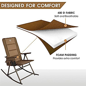 TIMBER RIDGE Padded High Back Rocker Lawn Side Pocket Portable Patio Rocking Chair for Camping Porch Yard Garden Indoor, Heavy Duty Supports 300 LBS, Brown