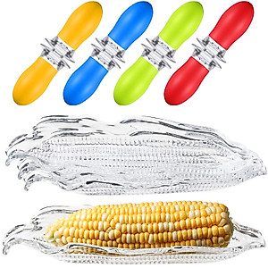 Nuenen 4 Pieces Corn Trays and 8 Pieces Corn Cob Holder Sets, Corn Cob Stainless Steel Barbecue Tools and Service Tray Corn Tableware Set, Corn Cob Holders in Random Colors (Translucent Tray)