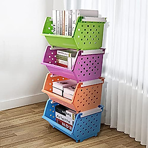 Pekky 4-Pack Large Stackable Storage Bins, Colored Plastic Stacking Basket