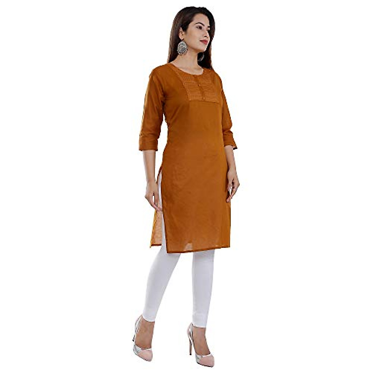 Ramkudi Indian Women's Plain Embroiderd Cotton Straight Kurti Top (Caramel)