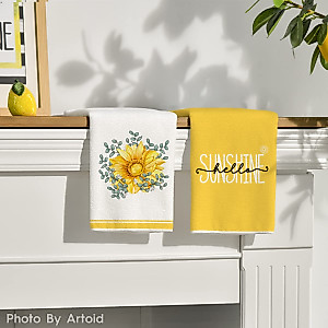 Artoid Mode Eucalyptus Leaves Sunflower Summer Kitchen Towels Dish Towels, 18x26 Inch Hello Sunshine Holiday Decoration Hand Towels Set of 2