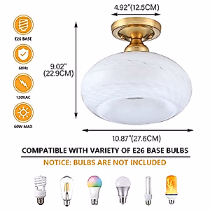 Pia Ricco Mid Century Semi Flush Mount Ceiling Light Gold, Globe Opal Glass Shade Ceiling Light Fixture, Modern Hallway Light Fixtures for Entryway Kitchen Bathroom Laundry Bedroom