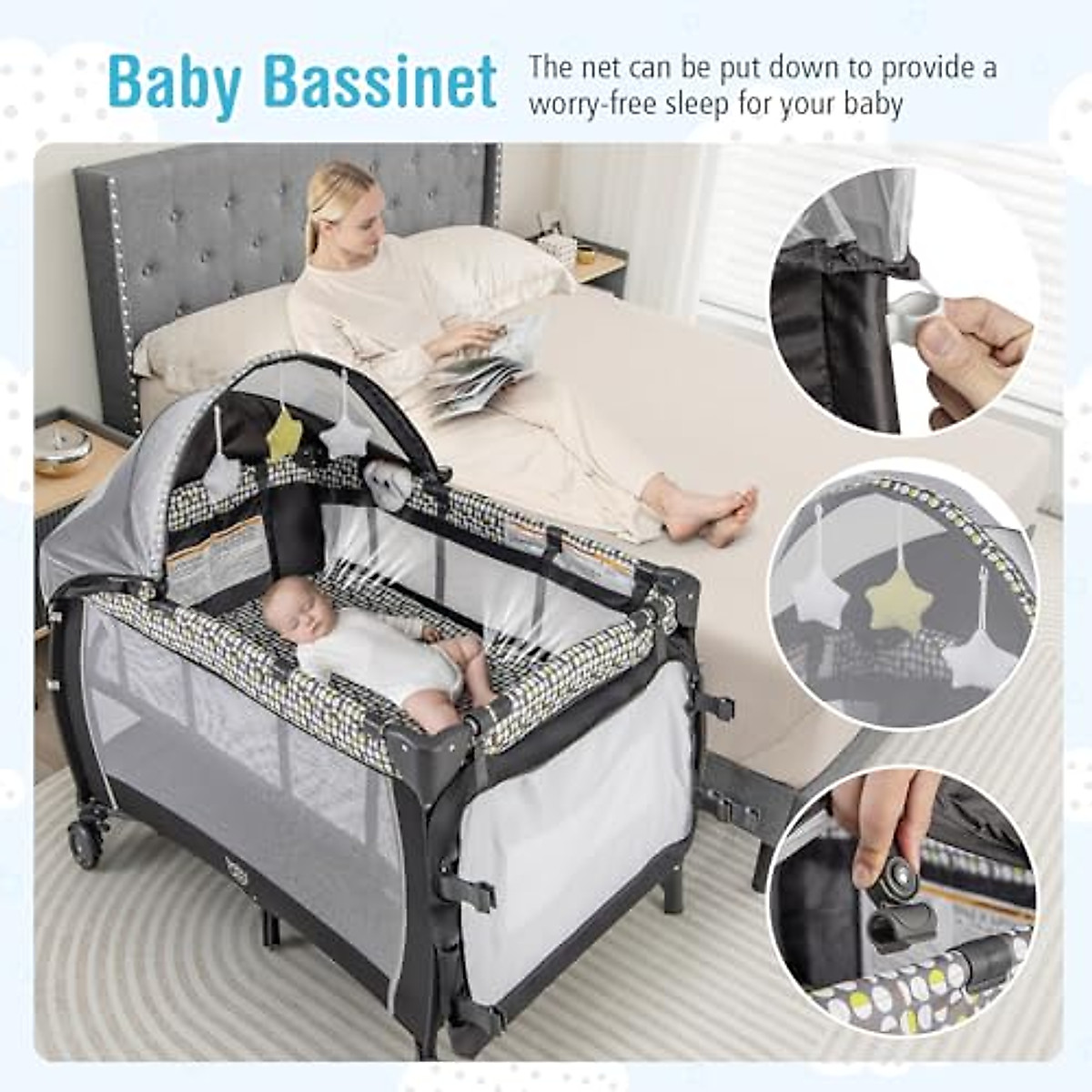 BABY JOY 4 in 1 Pack and Play, Portable Baby Playard with Bassinet, Adjustable Canopy, Changing Table, Lockable Wheels, Glowing Music Box, Travel Baby Crib Bassinet Bed from Newborn to Toddler Grey