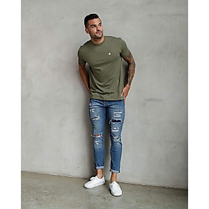 INTO THE AM Men's Fitted Crew Neck Logo Basic Tees - Modern Fit Fresh Classic Short Sleeve T-Shirts for Men (Olive Green, Large)