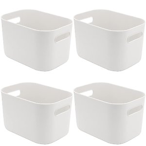 JOIKIT 4 Pack White Storage Bins with Handles, White Bathroom Kitchen Organizer Bin, White Plastic Vanity Storage Bins for Hand Soap, Body Washes, Towels, Shampoos, Lotions, Bath Balls, 10x7x6.3 Inch